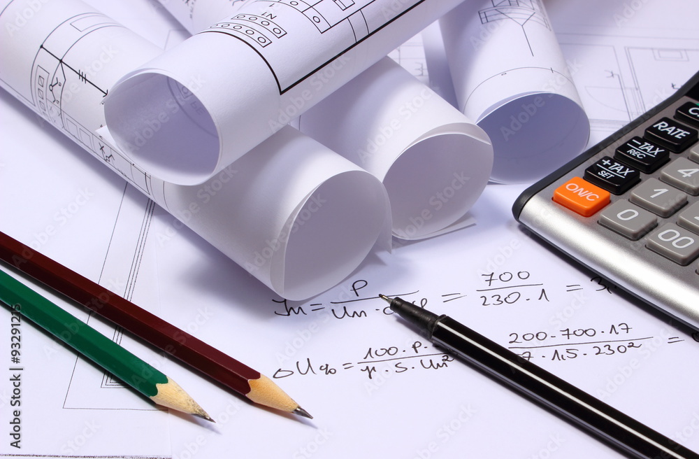 Rolls of electrical diagrams, calculator and mathematical calculations ...