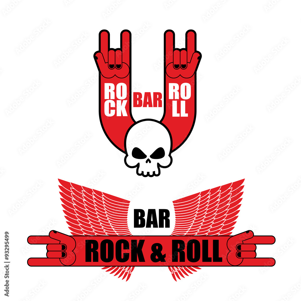 Set of logos for rock and roll bar. Hand rock sign and wings. Te Stock ...