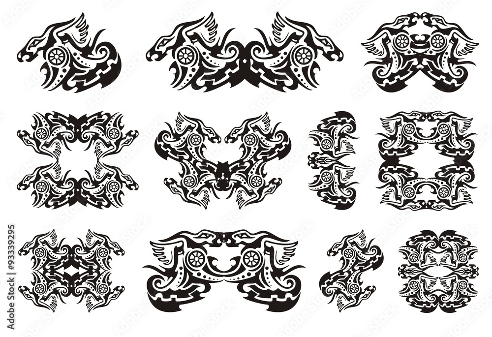 Tribal dragon symbols with circle. Twirled unusual reptile with circle ...