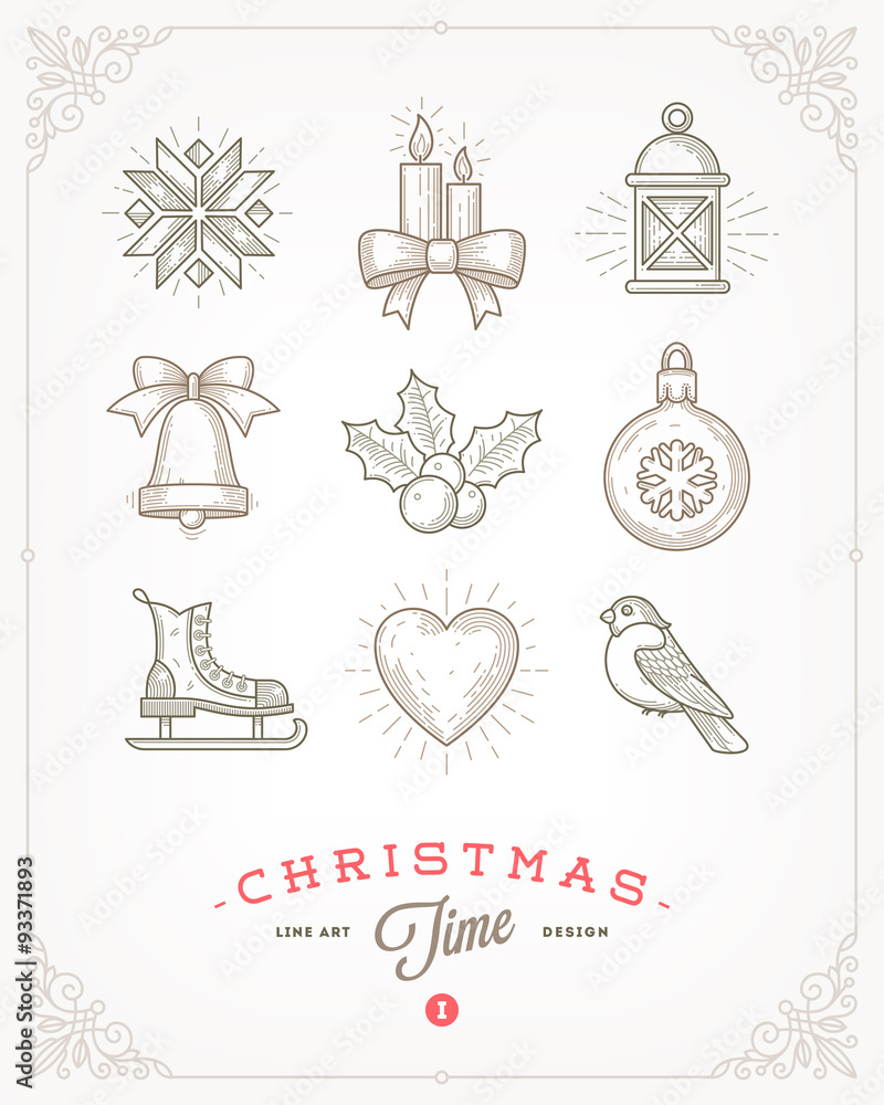 Line art vector illustration - Set of Christmas signs and symbols Stock ...