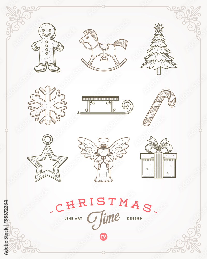Line art vector illustration - Set of Christmas signs and symbols Stock ...