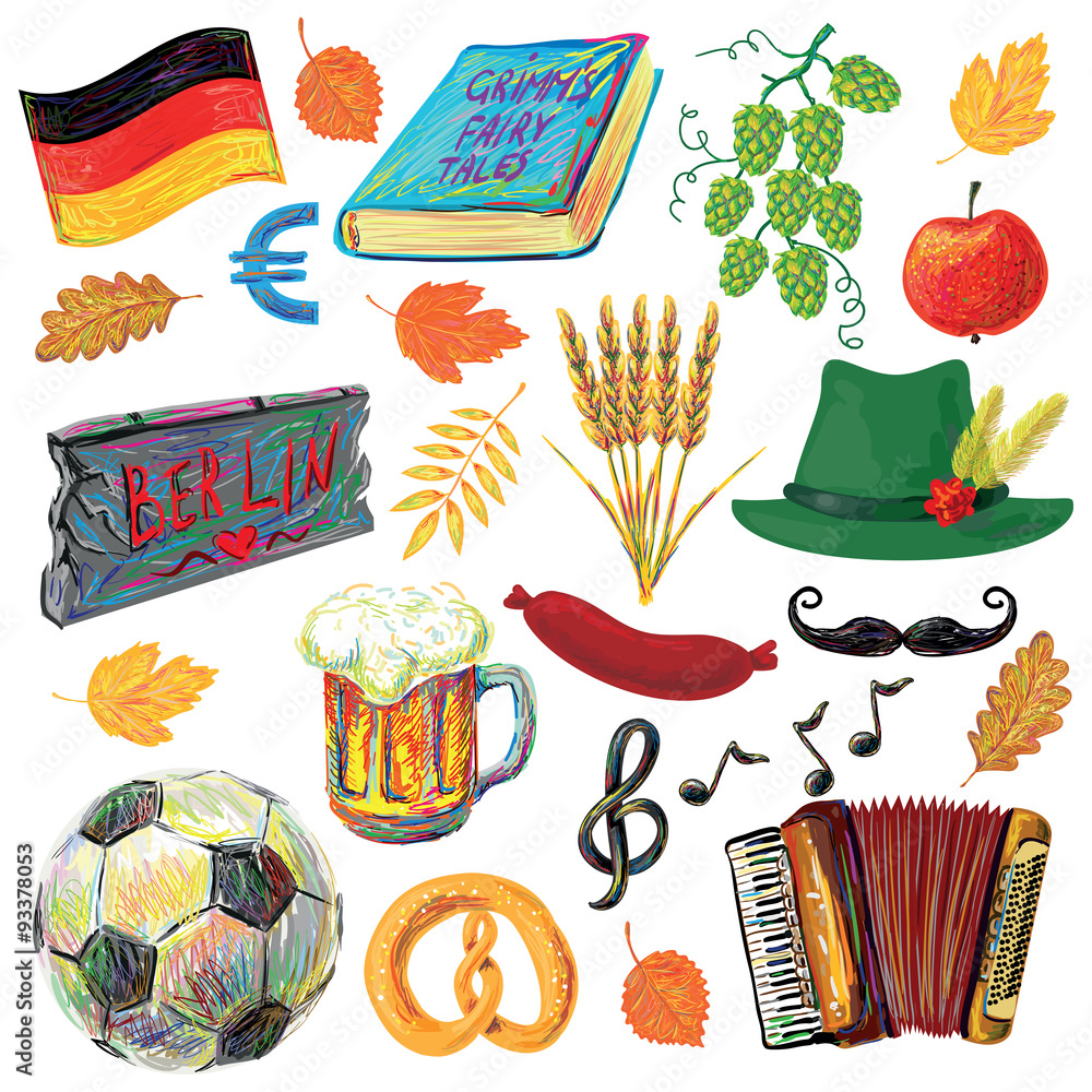 Germany travel traditional food and attractions symbol set. A set of ...