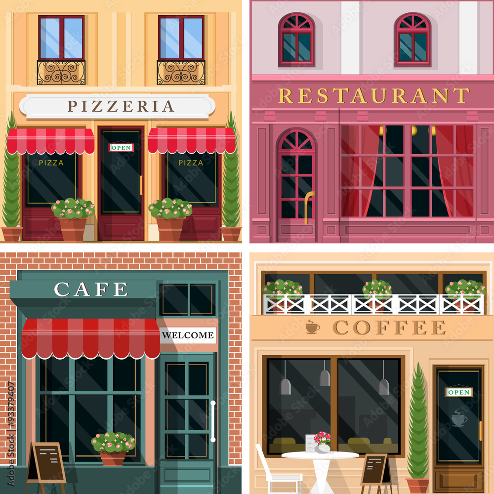 Set of vector detailed flat design restaurants and cafes facade icons ...