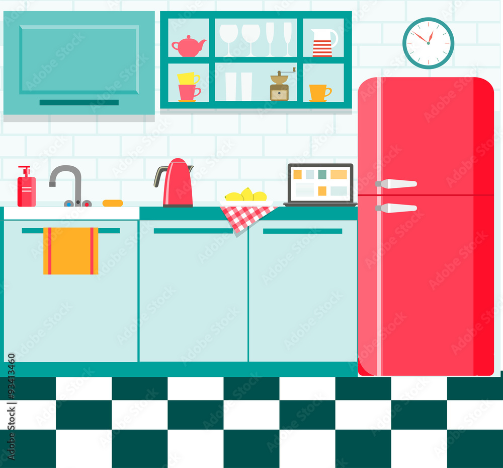 flat retro kitchen with checkered floor. vector illustration Stock ...