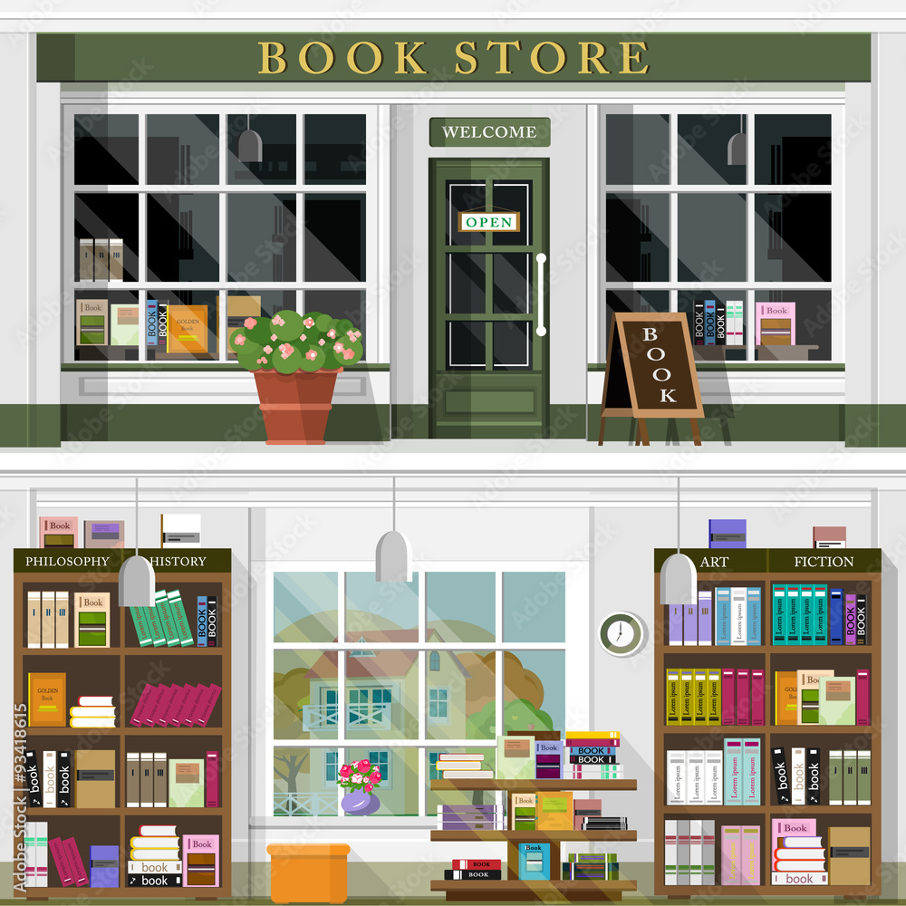 Set of vector detailed flat design bookstore facade and interior. Cool ...