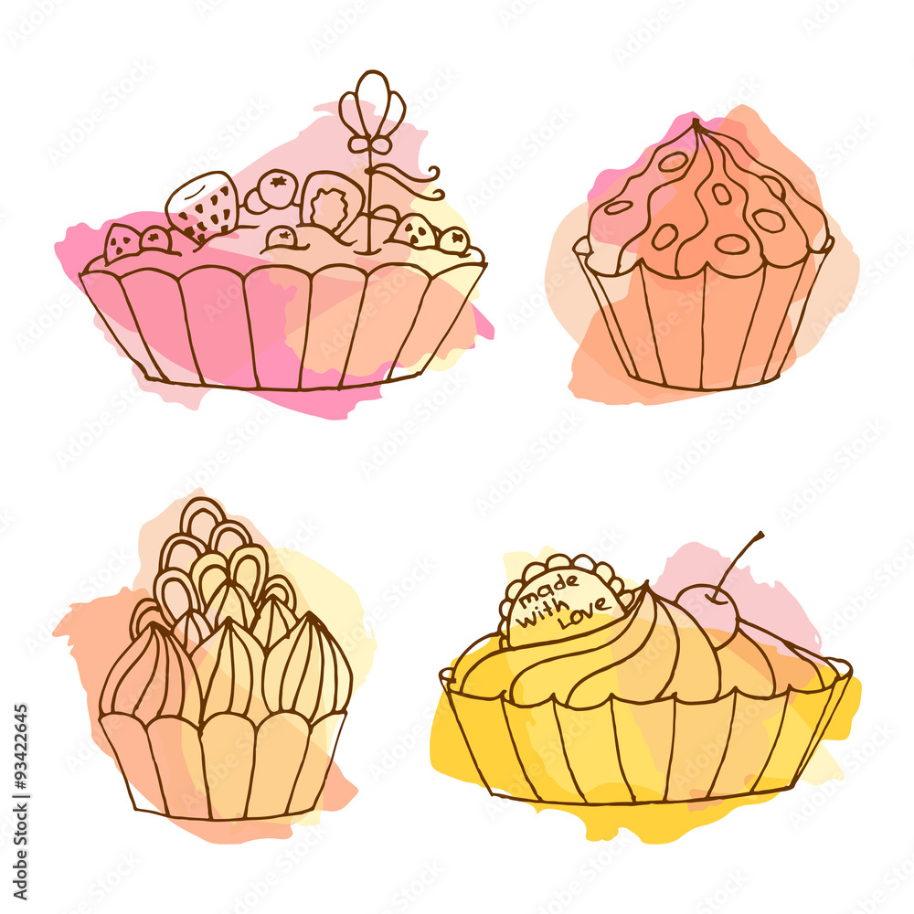 Tarts vector illustration. Doodle cakes with splash background. Outline ...