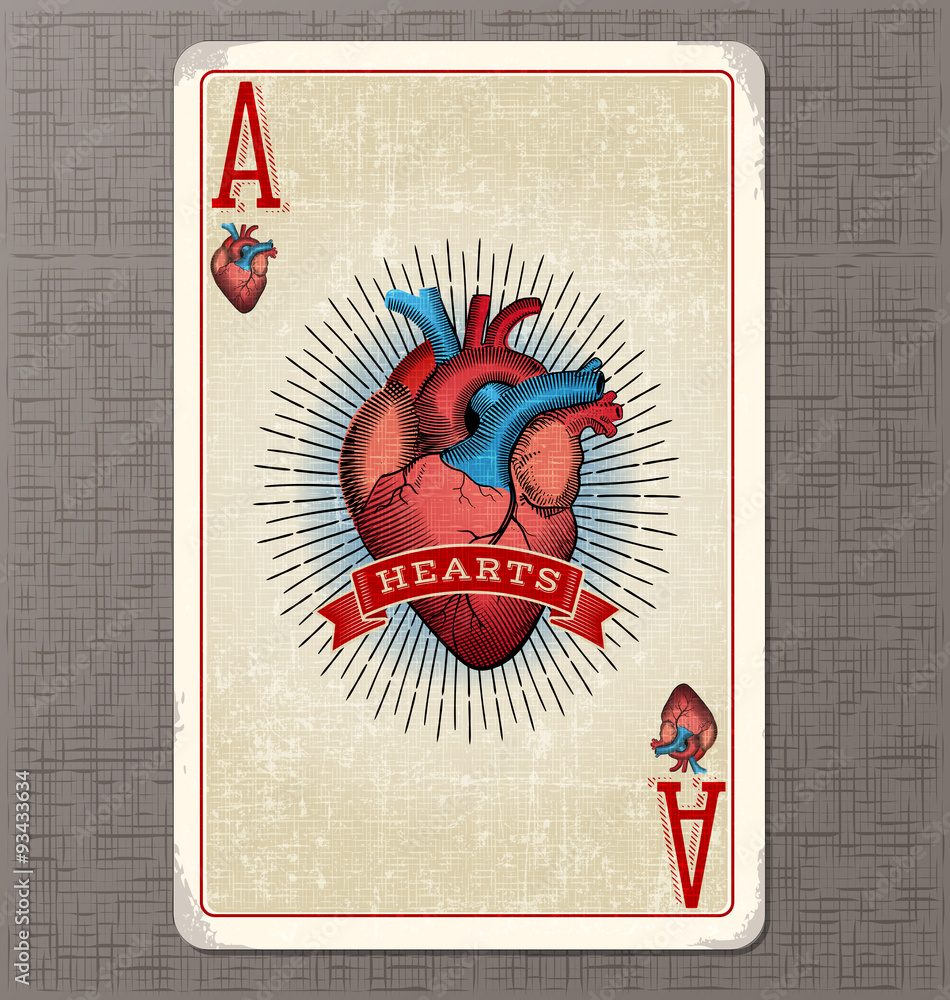 vintage playing card vector illustration of the ace of hearts with ...