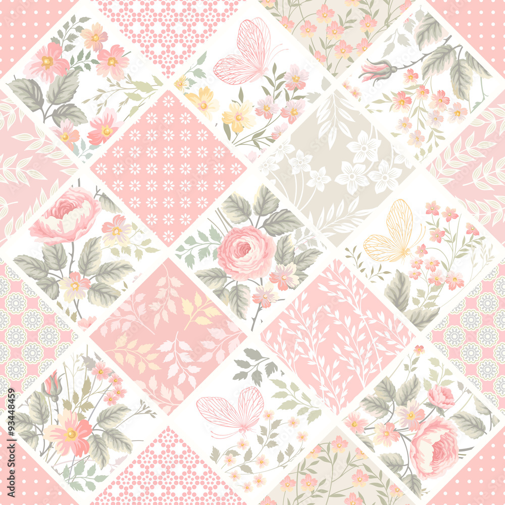 seamless patchwork pattern with roses and butterflies in pastel color ...