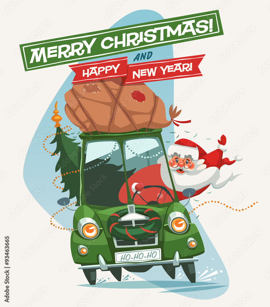 Santa Claus drives an old car. Christmas greeting card \ background ...