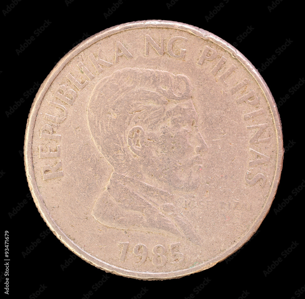 Head of 1 piso coin, issued by Philippines in 1983 depicting the ...
