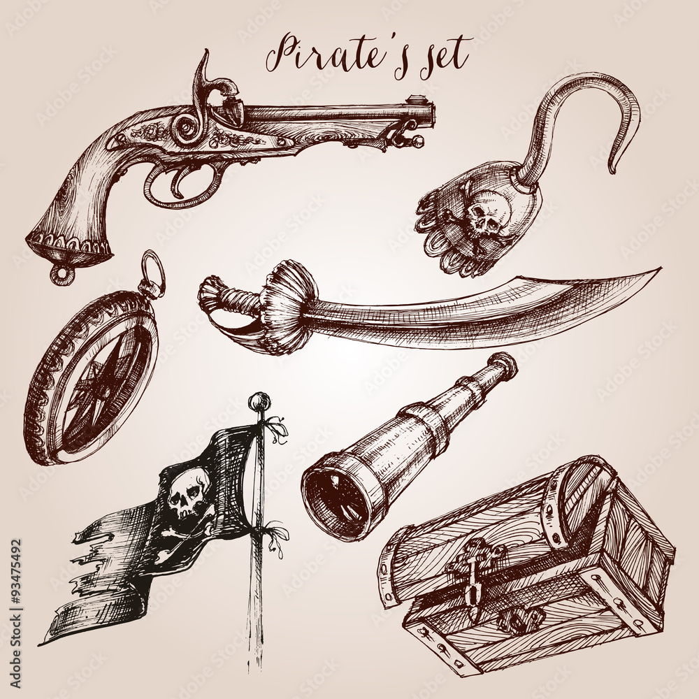 Hand drawn pirate set of design elements Stock Vector | Adobe Stock