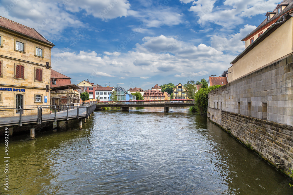 Bamberg. Bridges and old houses on the banks of the Regnitz river ...