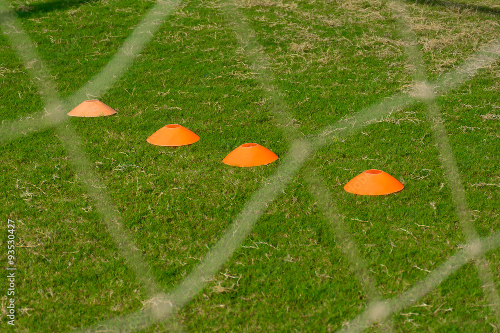 Soccer training field with flat marker cone behind football net Stock ...