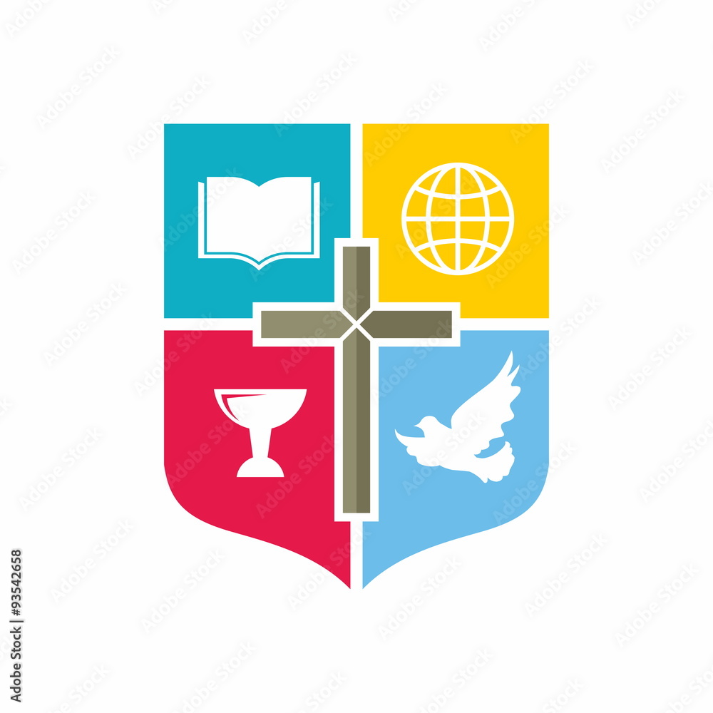 Church logo. Color blocks, chalice, cross, dove, Bible, globe, missions ...