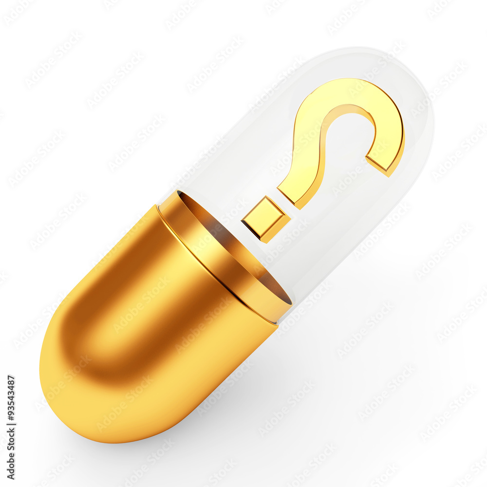 Medical golden capsule with a question mark inside isolated on white ...