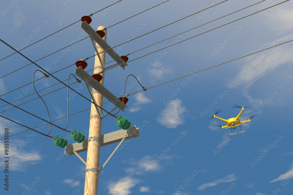 UAV drone in flight inspecting high-voltage electrical distribution ...