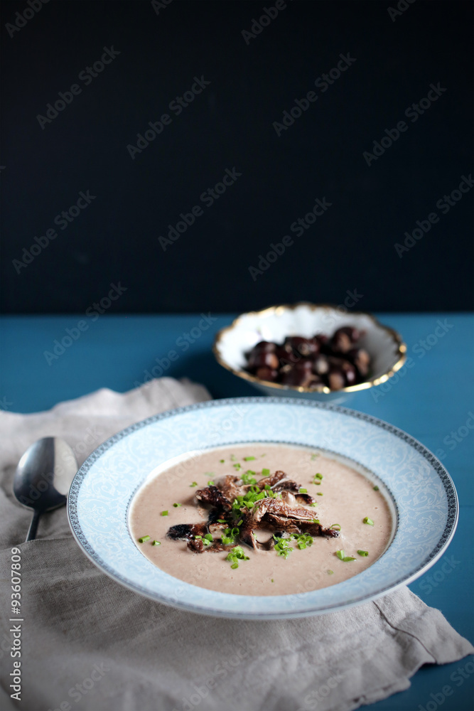 Wild mushroom chowder with forest chestnut, autumn meal Stock Photo ...