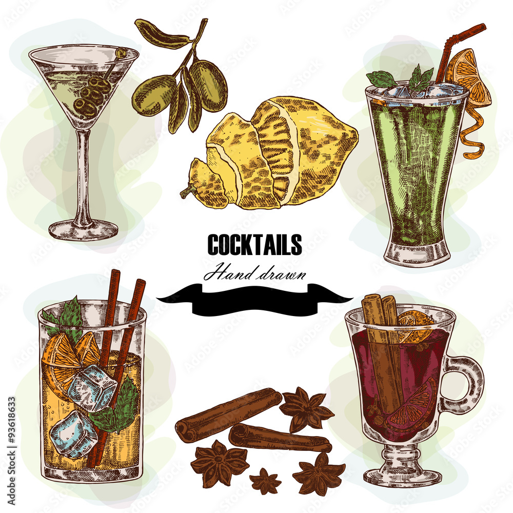 Hand drawn sketch cocktail set. Vector illustration Stock Vector ...