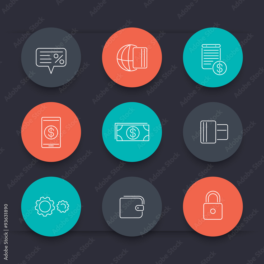 Payment methods, types linear round color icons, vector illustration ...