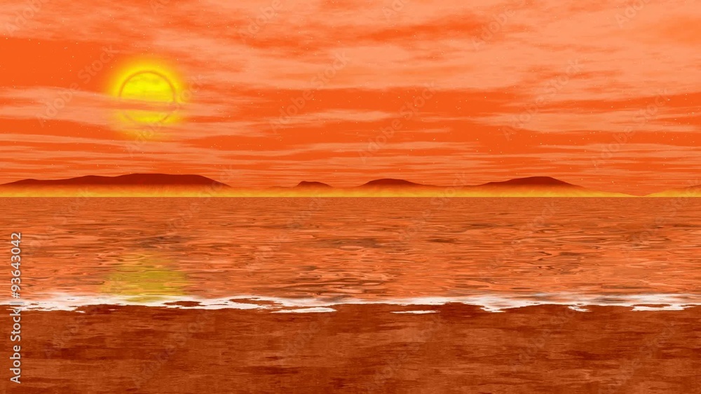 Animated alien planet with toxic ocean under the big sun and orange ...