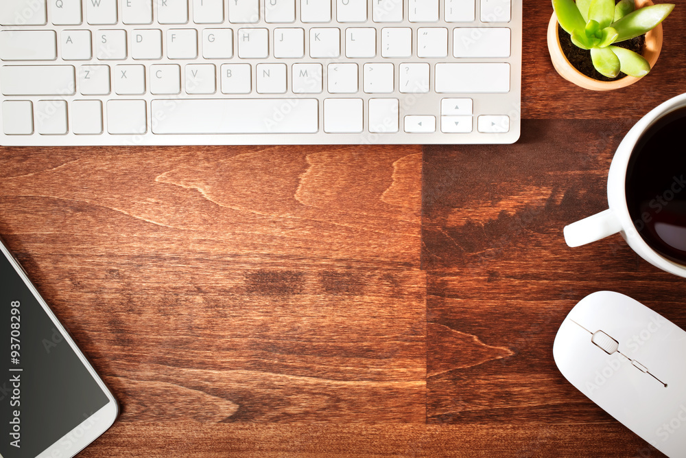 Neat workstation on a wooden desk Stock Photo | Adobe Stock