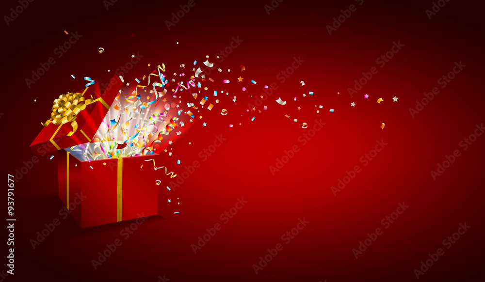 Open gift with fireworks from confetti. Congratulations on holiday ...