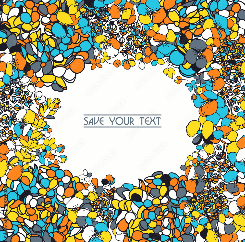 Floral greeting card on white background. Frame of bright colorful ...