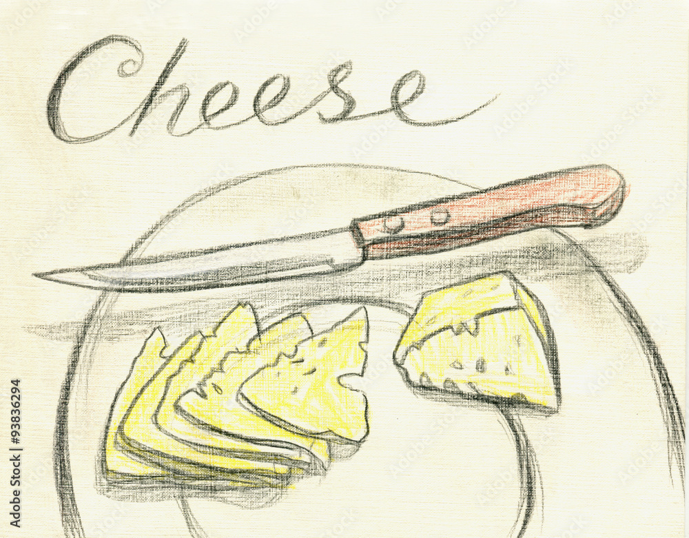 Cheese and knife on the plate. Drawing with colored pencils Stock ...