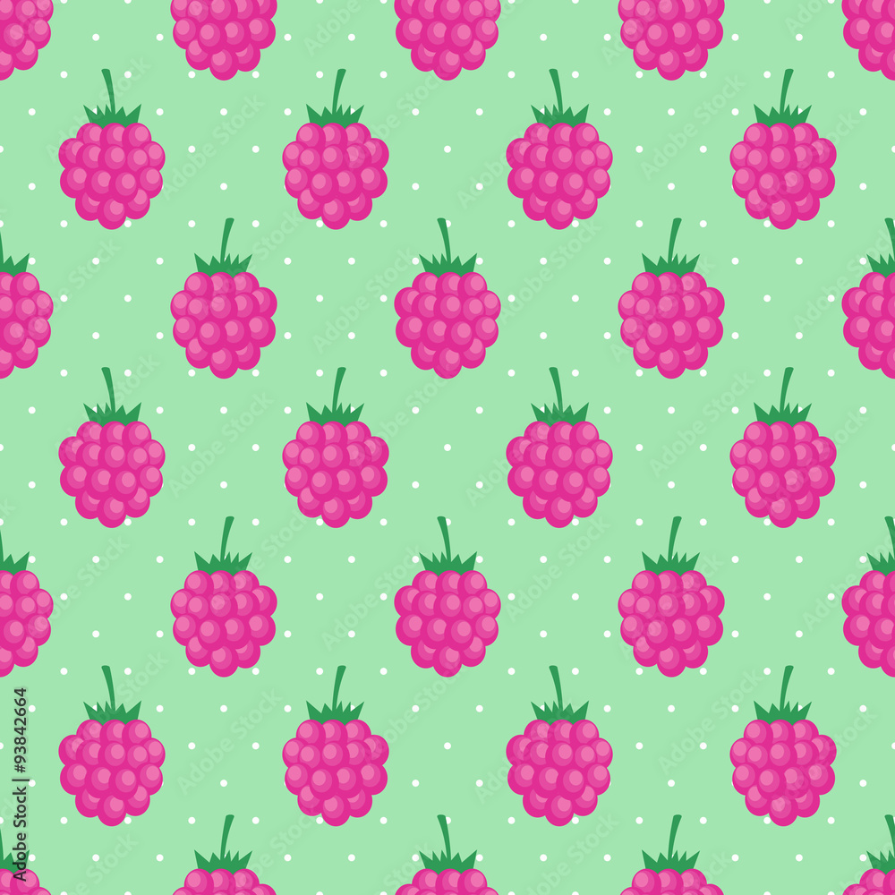 Seamless background with pink raspberry. Cute vector raspberry pattern. Summer fruit ...