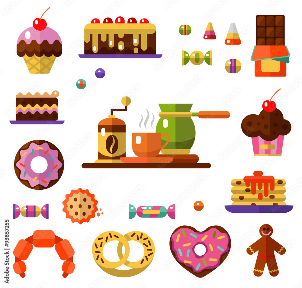 Vector flat style icons of coffee and sweets products. Dessert icons ...