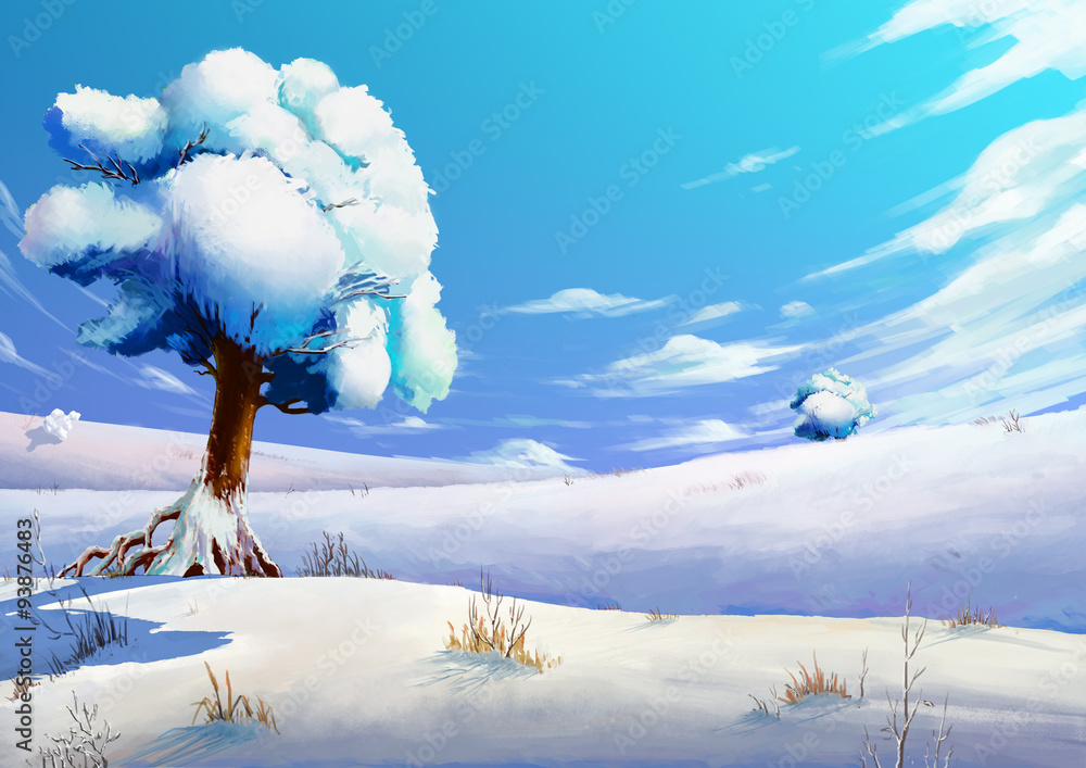 Illustration: The Winter Snow Field. Fantastic Cartoon Style Scene ...
