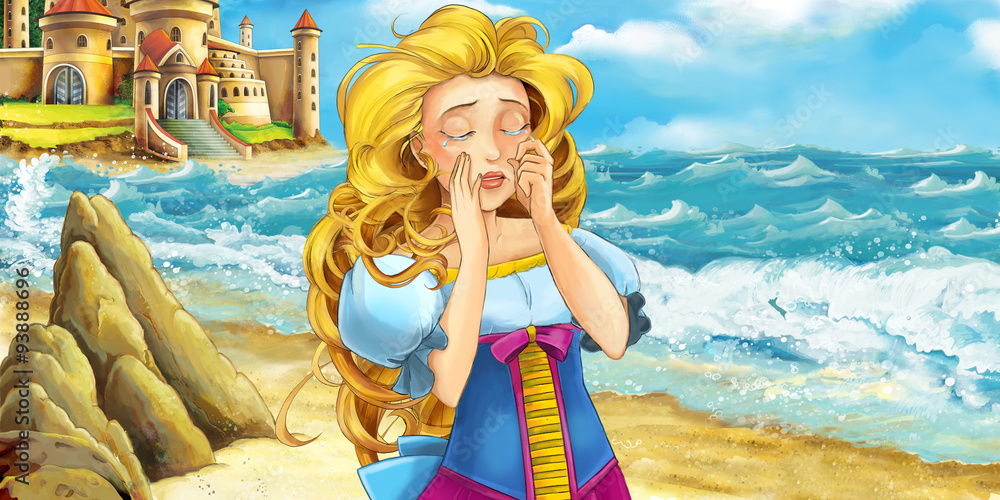 Cartoon scene of princess or queen standing on the beach - crying ...