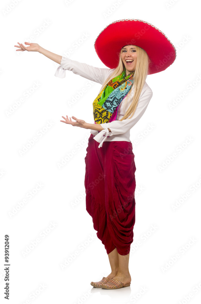 Mexican girl with sombrero dancing on white Stock Photo | Adobe Stock