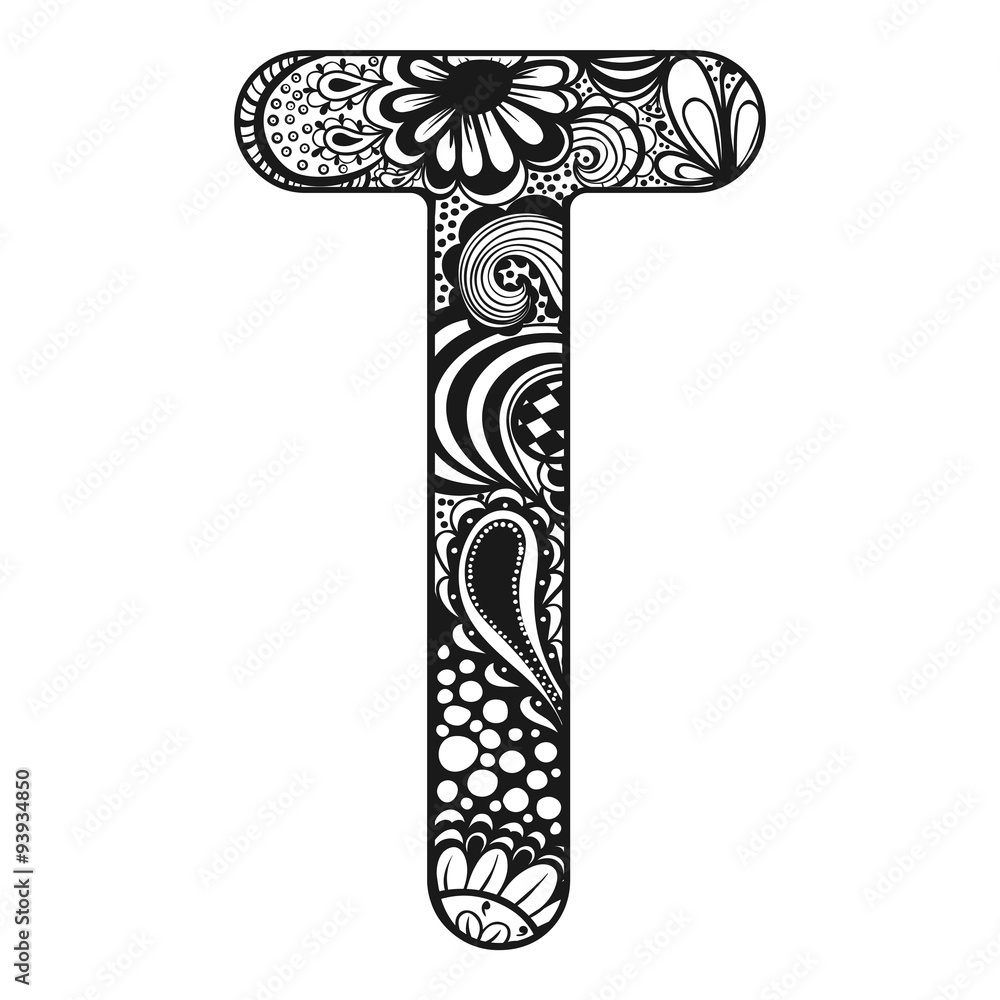 Zentangle stylized alphabet. Lace letter T in doodle style. Hand Stock ...