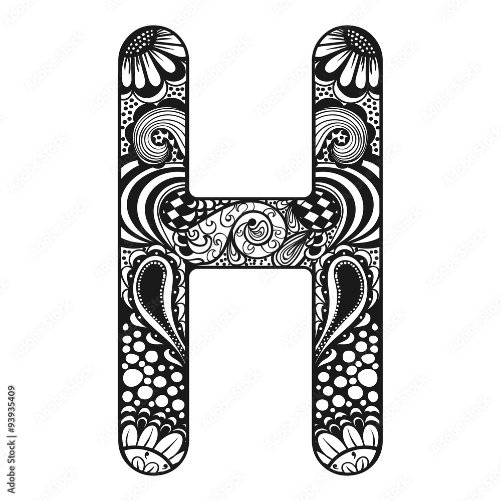 Zentangle stylized alphabet. Lace letter H in doodle style. Hand Stock ...