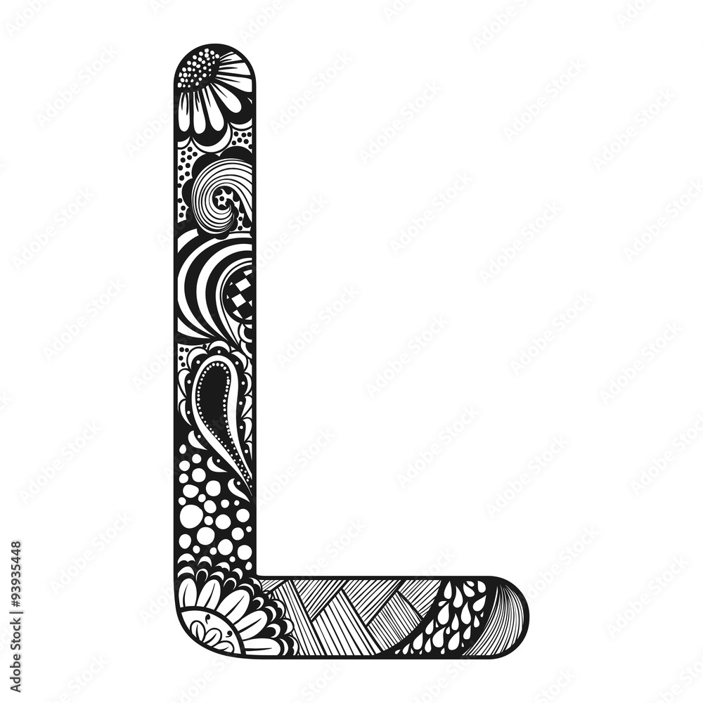 Zentangle stylized alphabet. Lace letter L in doodle style. Hand Stock ...