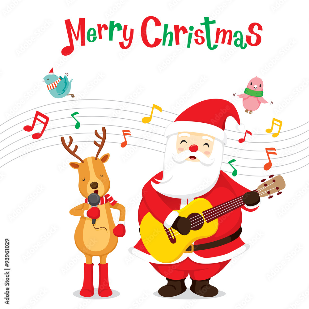Reindeer And Santa Claus Singing And Playing Guitar, Merry Christmas ...