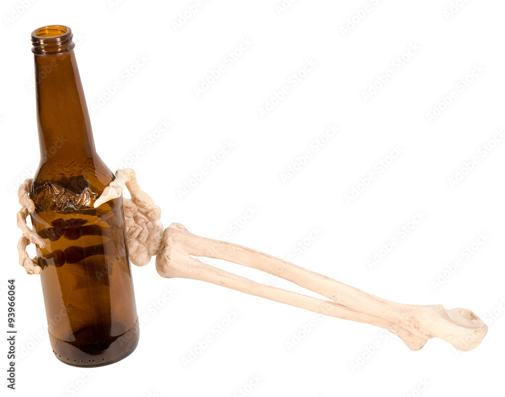 Skeleton hand and arm holding empty beer bottle on isolated white ...