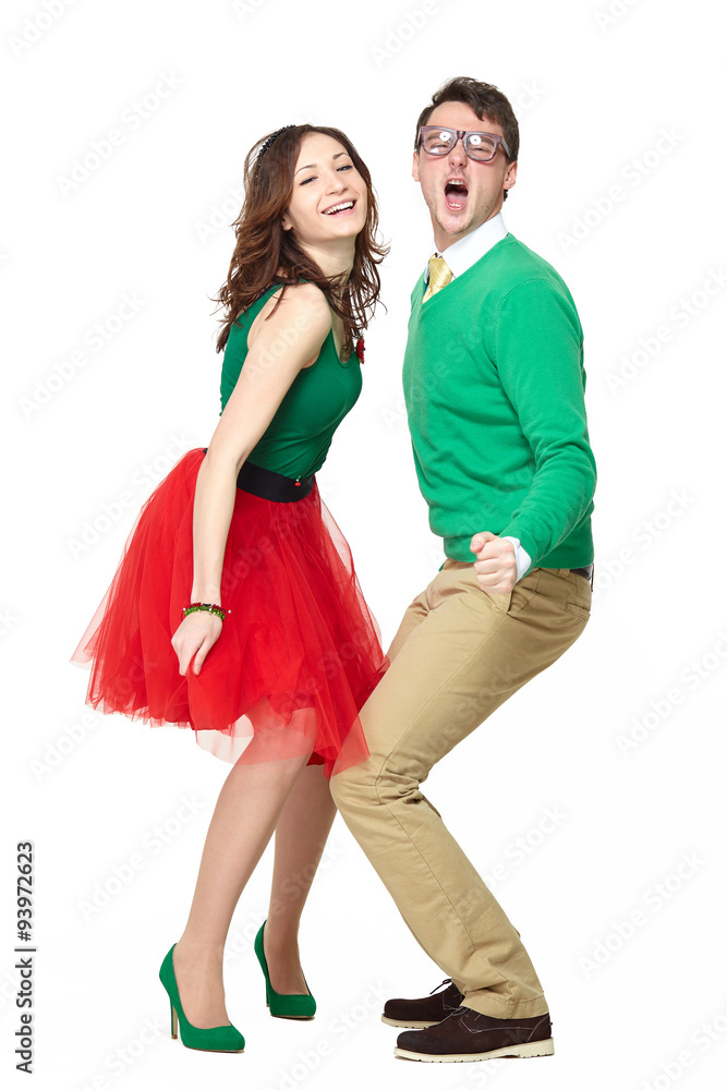 Interracial weird nerd couple dancing together. Excited caucasian young ...