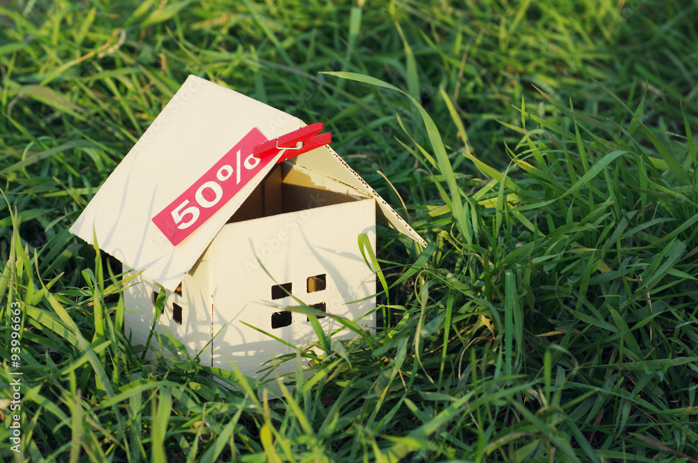 House from paper with the card with an inscription of 50% in a green ...
