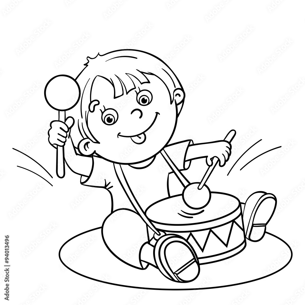 Coloring Page Outline Of a Cartoon boy playing the drum Stock Vector ...