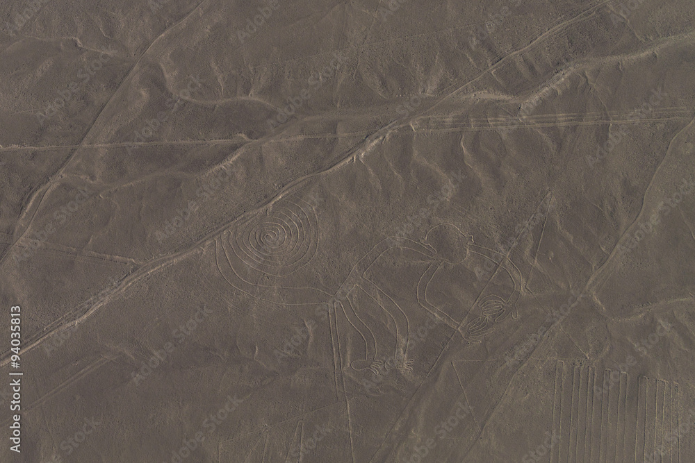 Aerial view of geoglyphs near Nazca - famous Nazca Lines, Peru. In the ...