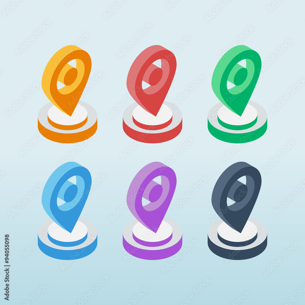 Set of isometric map pointers. Color map pin icons. Vector illustration ...