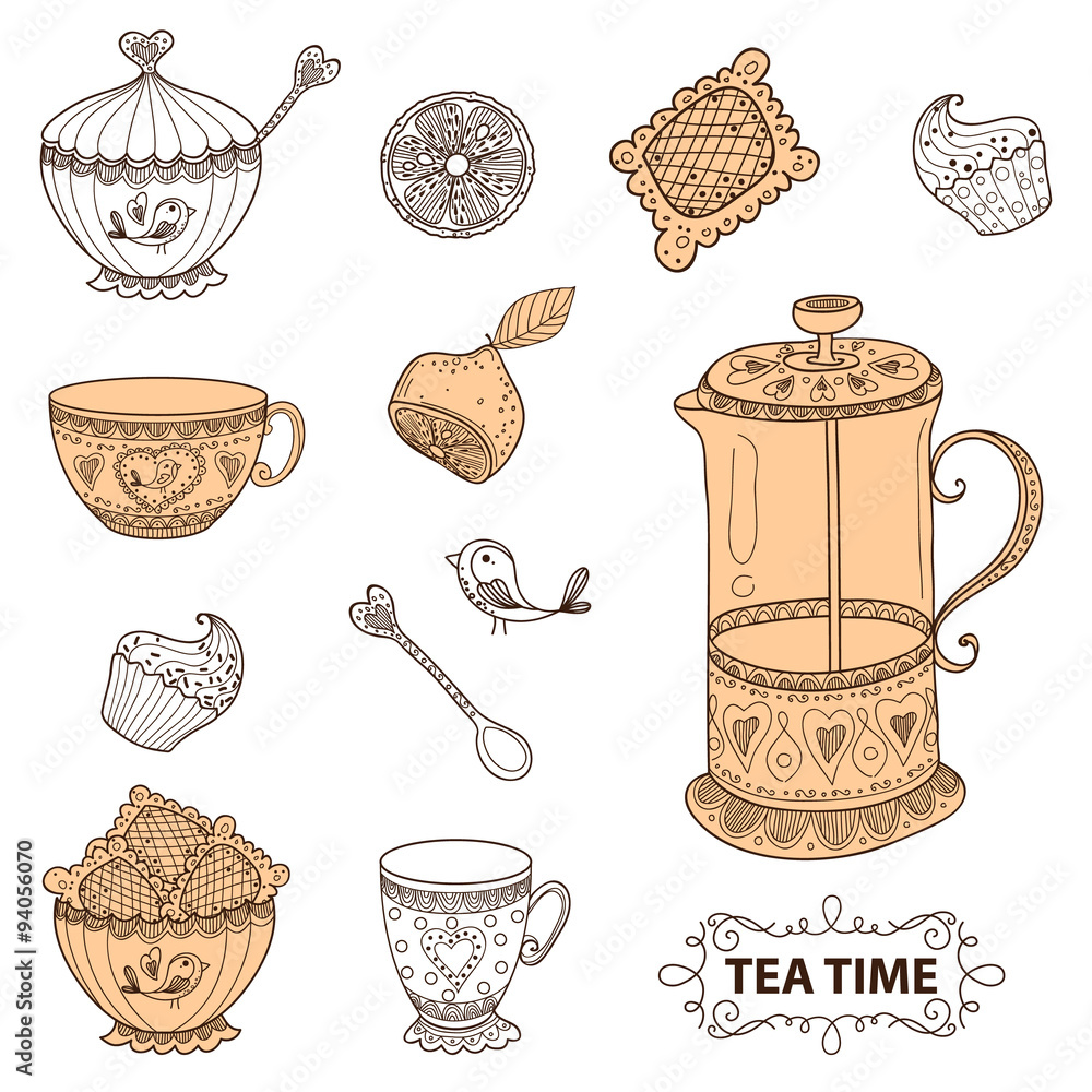 Tea time still life set, sketch, doodle, hand draw. vector illustration ...