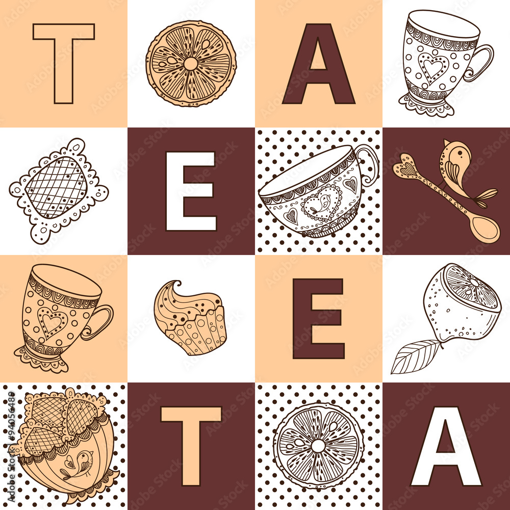 seamless pattern from tea time still life set, sketch, doodle, hand ...