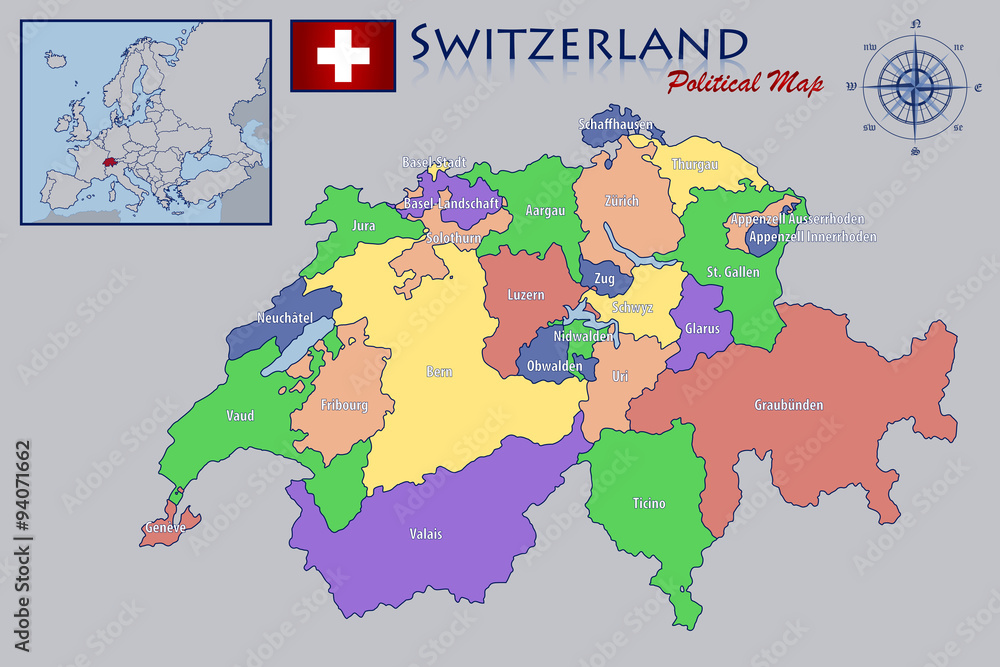 Political Map of Switzerland Stock Vector | Adobe Stock