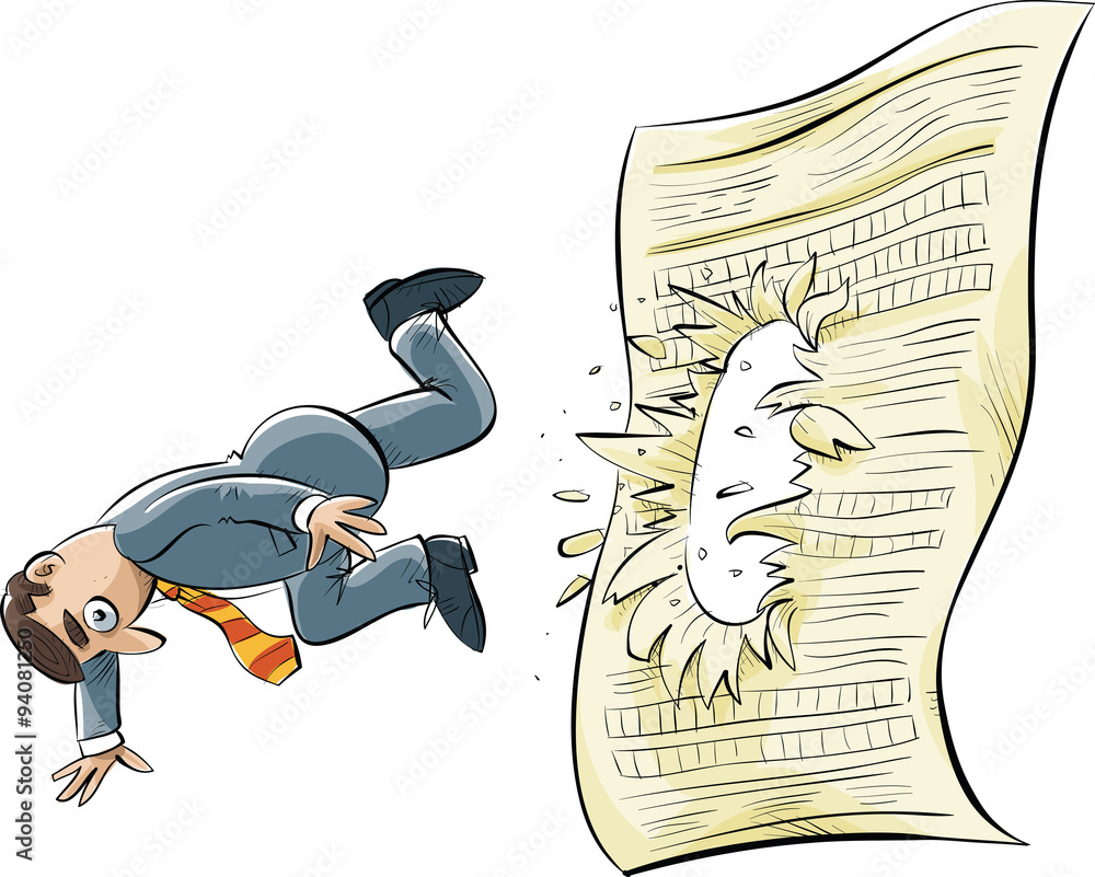 A cartoon businessman stumbled and falls through a hole in an oversized ...