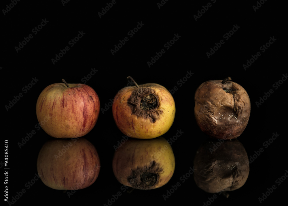 Profile of three apples including good, bad and completely rotten. Set ...