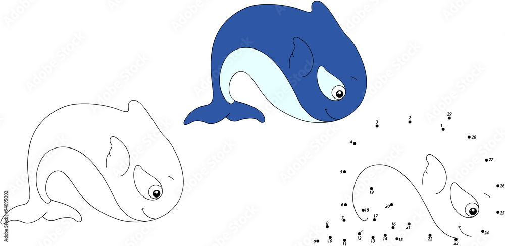 Cartoon whale. Vector illustration. Coloring and dot to dot game Stock ...