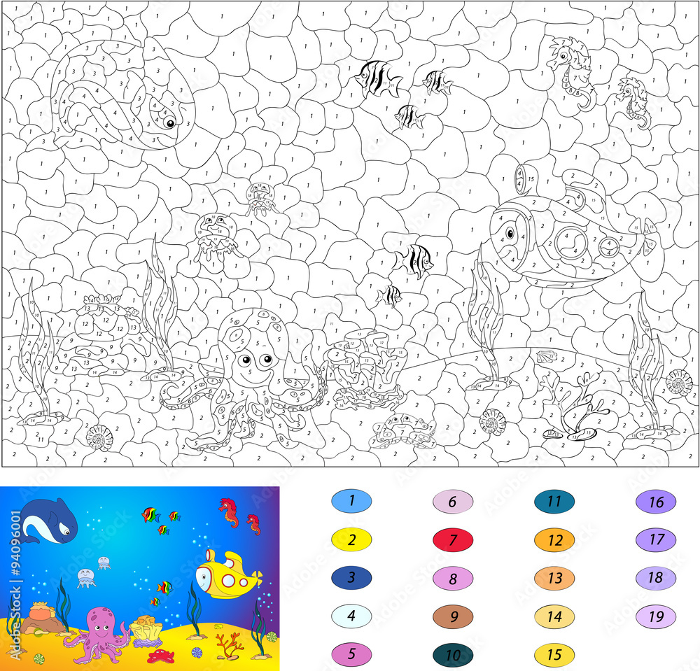 Color by number educational game for kids. Underwater world, oce Stock ...